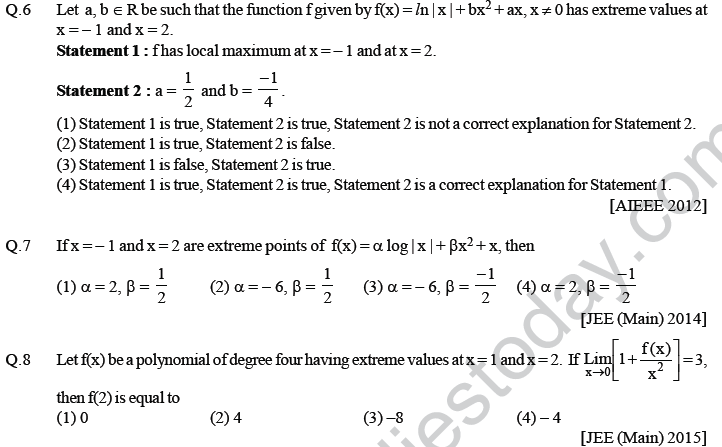 JEE Mathematics Application of Derivatives MCQs Set A with Answers